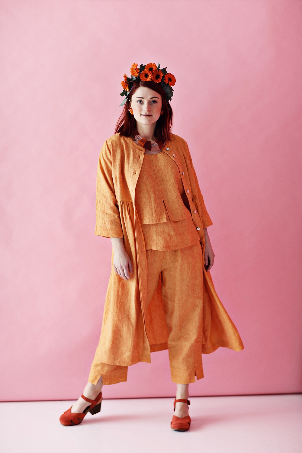 Skjortekjole | Orange | Solero | 100% hør | McVERDI | Lang